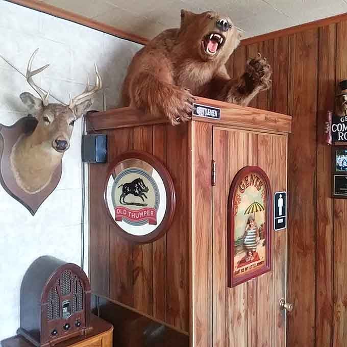 A roaring bear mount above the restroom door. Red Wing's decor keeps you entertained between every single bite.