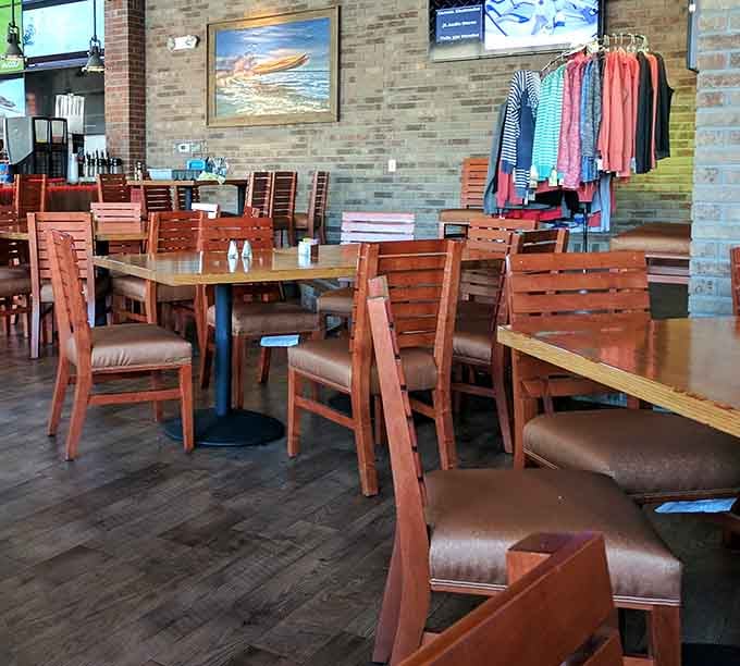 Cushioned chairs, warm wood tones, and lake gear on the rack, Redhead's dining room is casual comfort done right.