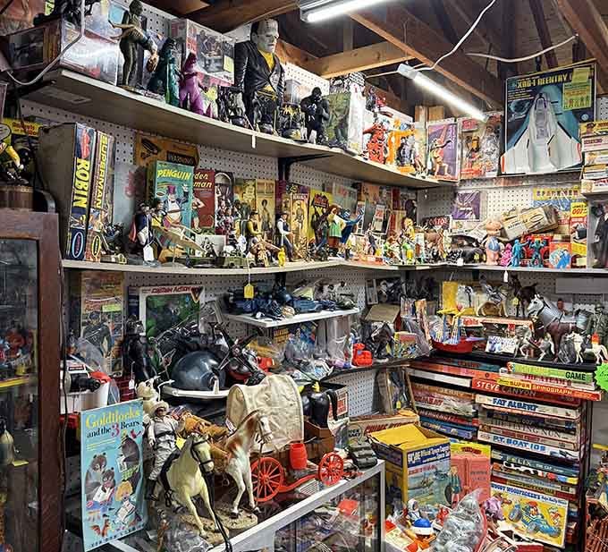 Shelves of vintage action figures and board games deliver a nostalgia hit stronger than anything a therapist could prescribe.
