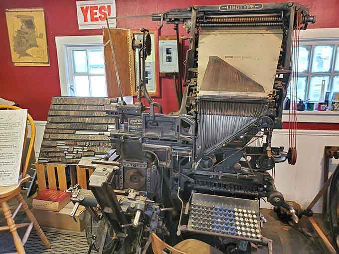 A vintage Linotype machine sitting inside Roaring Camp, quietly reminding visitors that this place takes its history seriously, and beautifully so.