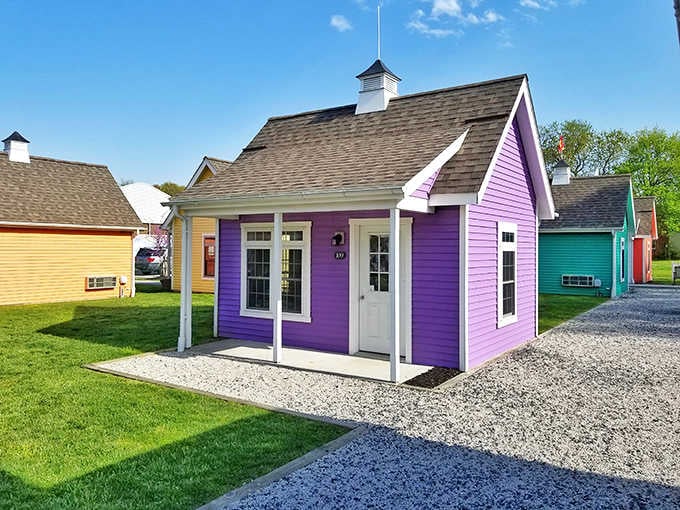 Circle Park's bright purple and teal cottages prove that Rock Hall never got the memo about being boring.