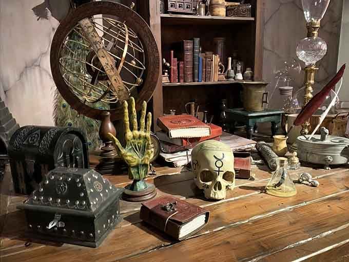 A scholar's desk frozen in time, complete with a skull, ancient texts, and an armillary sphere, because knowledge has always looked this dramatic.