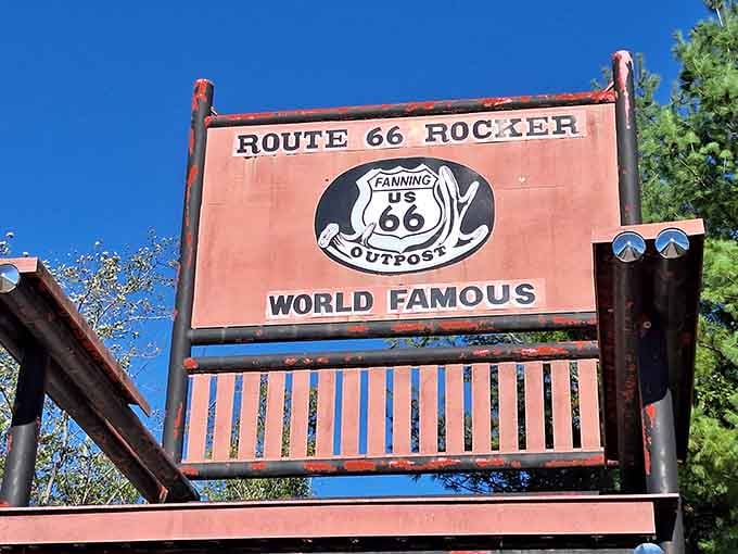 The bold "Route 66 Rocker, World Famous" signage on the backrest makes a promise the chair absolutely keeps.