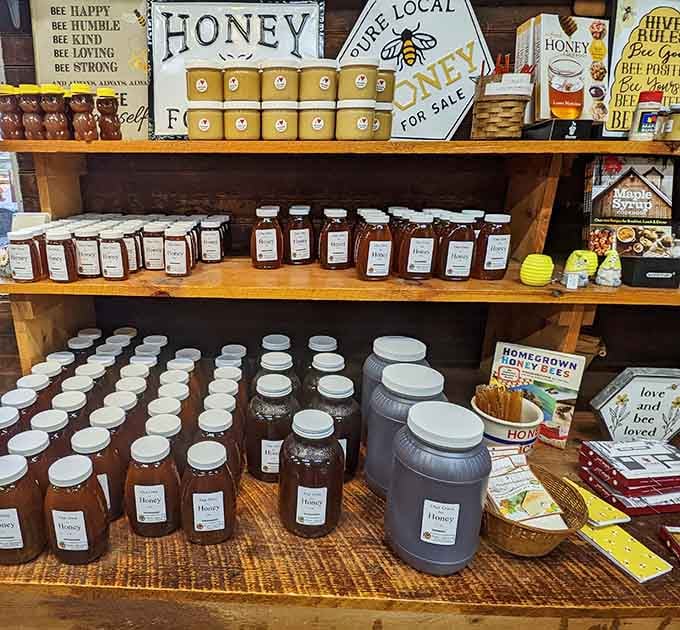 Rows of local honey in every size, because once you taste the real thing, there's simply no going back.
