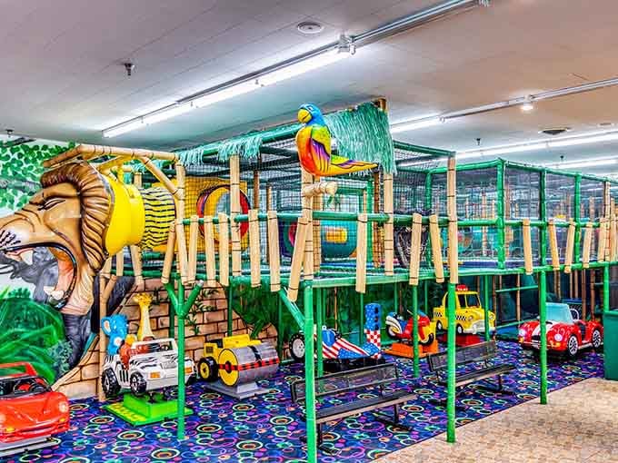 The Lion's Den soft play structure is a full jungle adventure, complete with a roaring lion mural keeping watch.