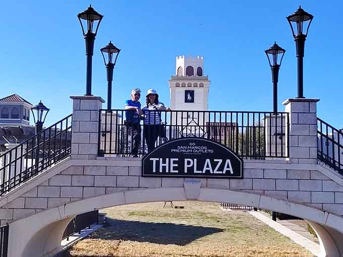 The Plaza bridge at San Marcos Premium Outlets, a proper photo moment before you disappear into 145 stores of pure possibility.