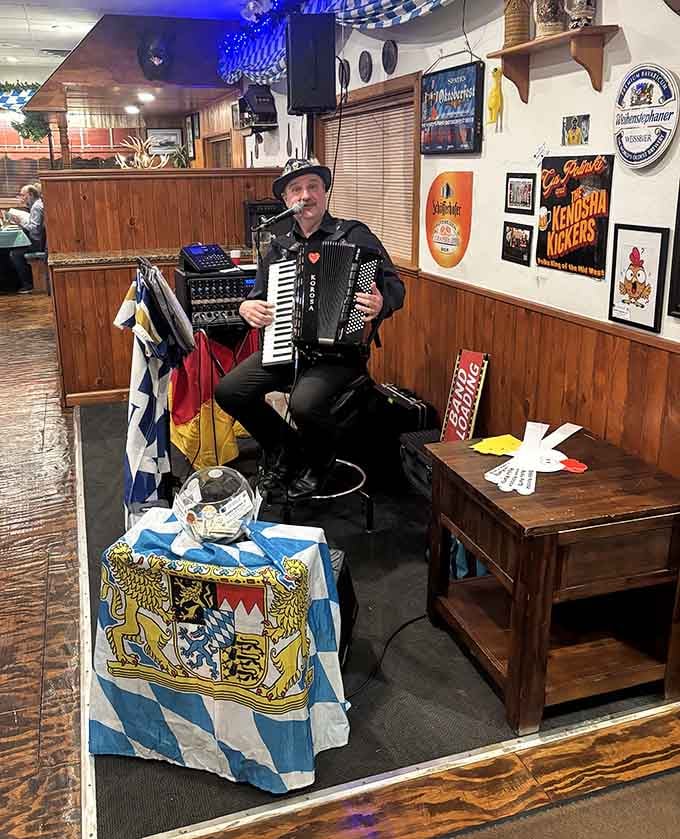 A live accordion player in full Bavarian attire, filling the room with joy. Dinner and a show, the old-world way, right here in Illinois.