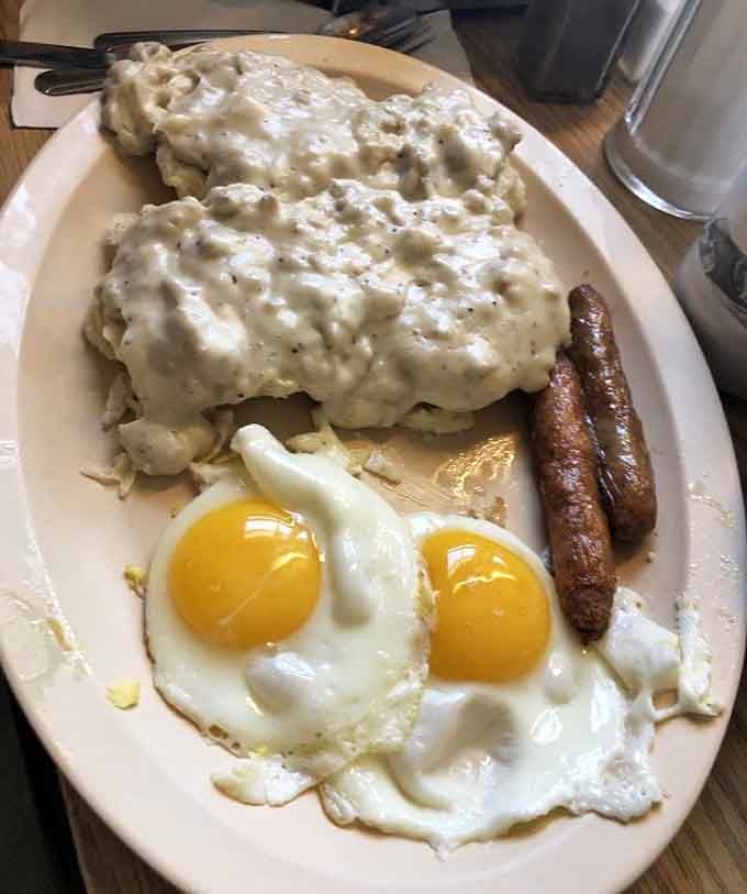 Biscuits drowning in sausage gravy with eggs on the side, this is comfort food's greatest achievement.