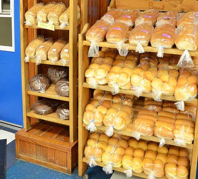 Shelves stacked with fresh-baked bread, bagged and ready to go. Simple Simon takes care of the whole table.