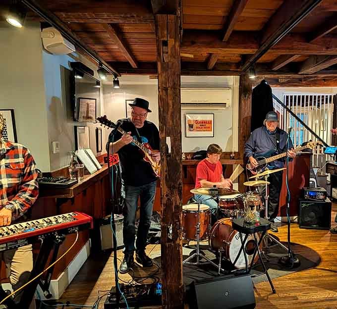 A live band filling the old wooden room with sound, a Guinness sign watching from the wall, and nobody checking their phone.