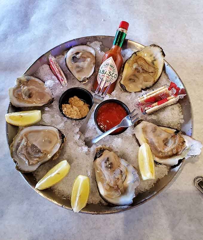 Fresh oysters on ice with lemon wedges, cocktail sauce, and Tabasco standing by. The Gulf Coast called, and Springfield answered.