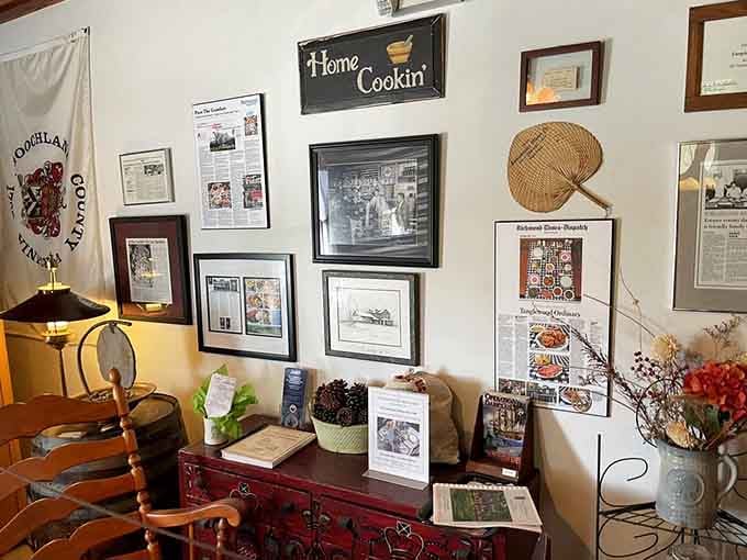 A wall covered in newspaper clippings and a "Home Cookin'" sign. The reviews speak for themselves, literally.