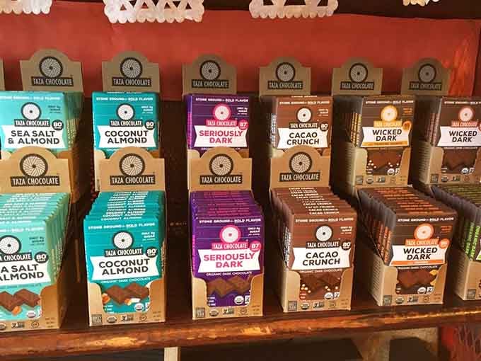 Sea Salt Almond, Coconut Almond, Seriously Dark, Cacao Crunch, and Wicked Dark, the full lineup of bold Taza bars.