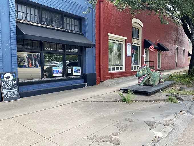 A colorful dinosaur model right on the downtown sidewalk, Hillsboro's most unexpected and delightful neighbor.