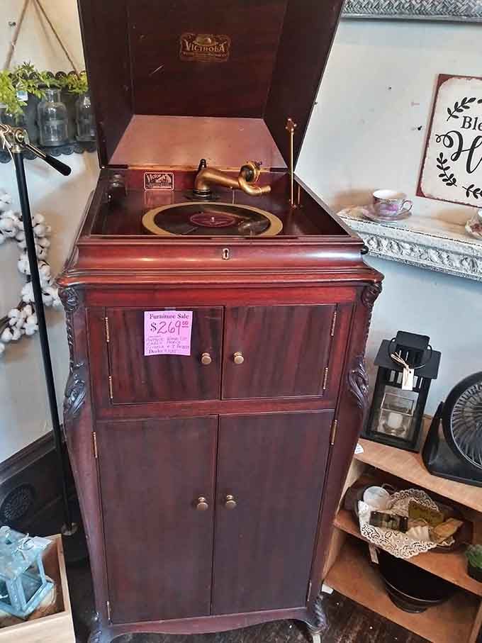 A genuine Victrola phonograph, the kind of find that makes you wish your living room had better acoustics.