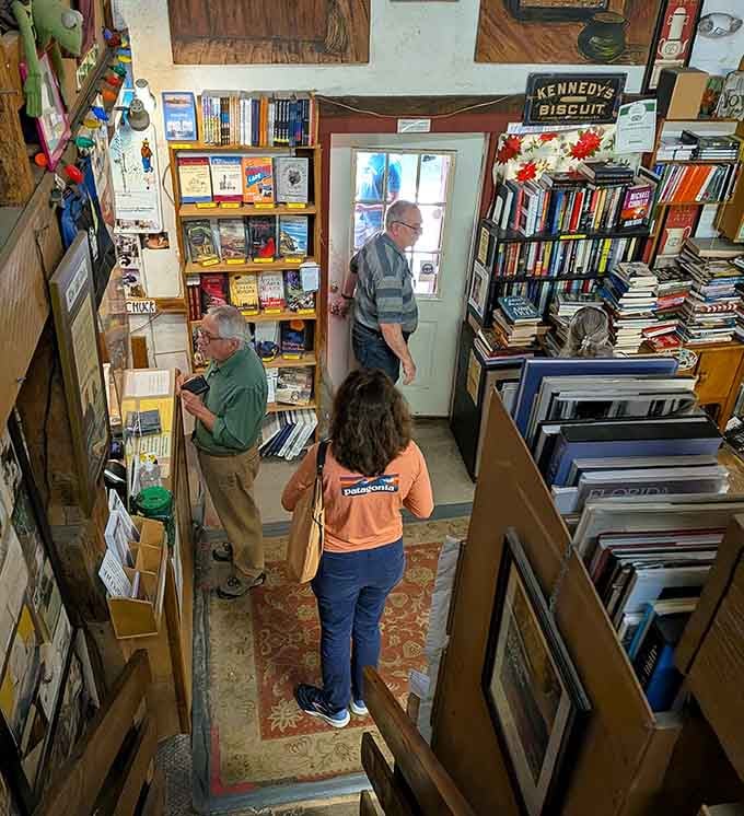 Browsers deep in concentration, surrounded by stacked books and decades worth of accumulated wonderful chaos.