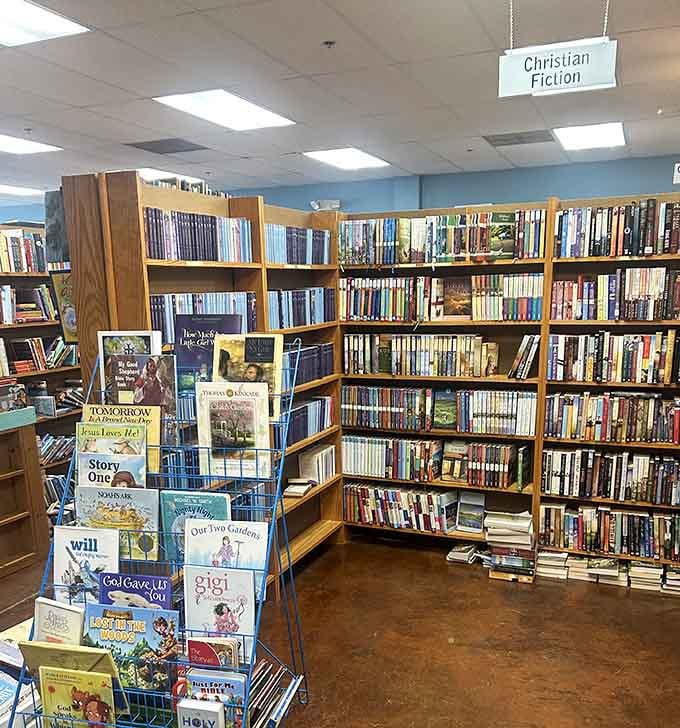 The Christian Fiction section stands tall and fully stocked, with a spinning rack of children's titles adding a sweet, colorful touch.