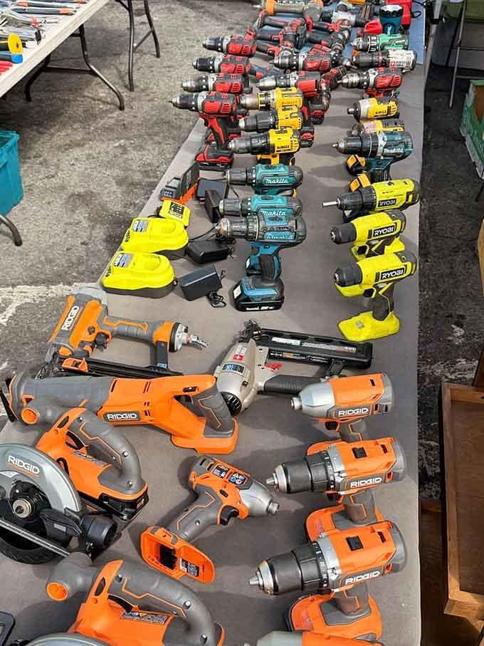 Power tools lined up like soldiers ready for duty, making home improvement dreams suddenly seem financially feasible.