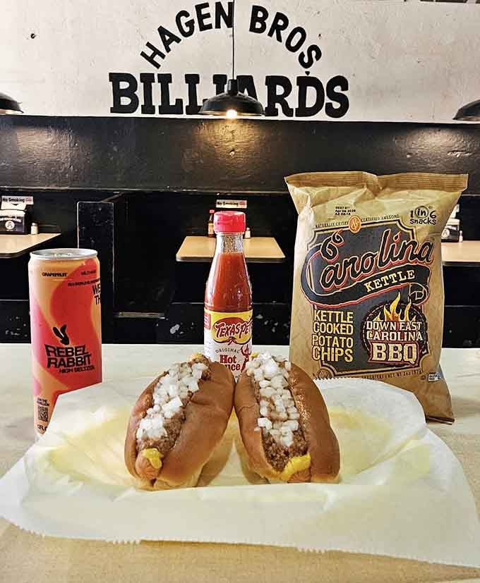 This combo meal under the billiards sign represents everything right about American comfort food culture today.