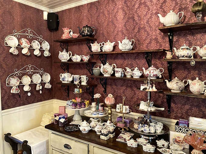 Shelves of vintage teapots transform a simple wall into a collector's dream and conversation starter extraordinaire.