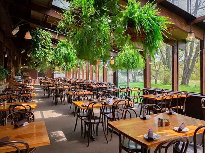 Floor-to-ceiling windows and cascading greenery make this dining space feel like eating in an enchanted forest pavilion.