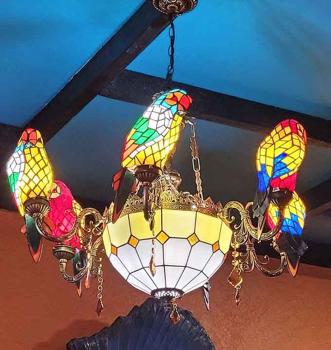 A stained glass parrot chandelier hanging from a dark ceiling, the kind of light fixture that makes you look up and smile.