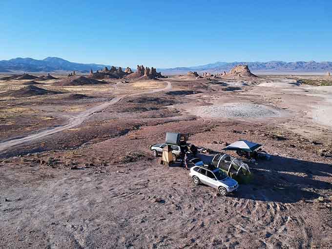 From above, the winding dirt roads through the formations look like trails left behind by a very adventurous rover.