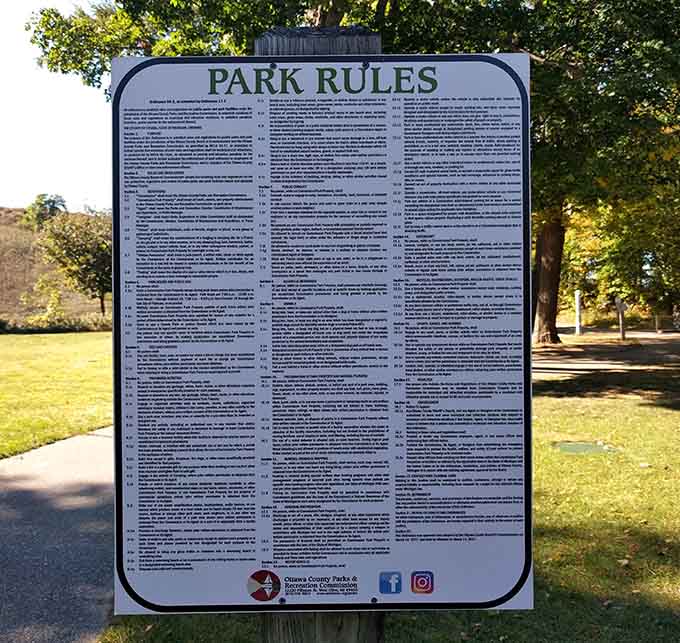 The comprehensive rule board ensuring everyone plays nice and keeps this beautiful park beautiful for all.