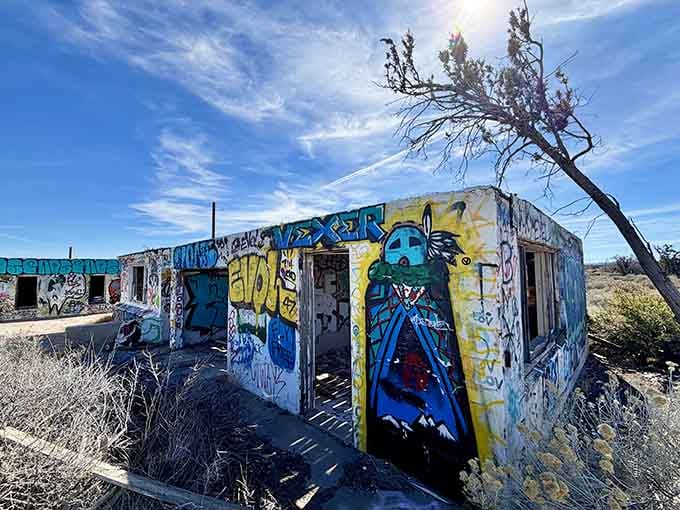 Street art transforms decay into something vibrant, where dead trees and bright murals coexist beautifully.