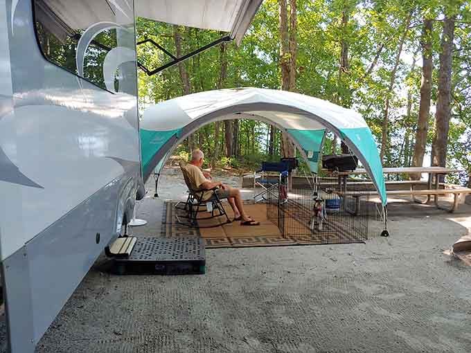 A rocking chair, an open canopy, and a lake breeze. Retirement goals, weekend goals, honestly just general life goals.