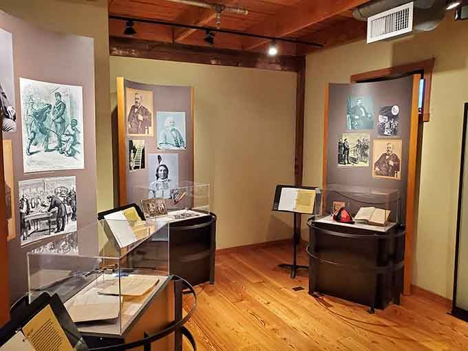 Vintage illustrations, preserved documents under glass, and photographs spanning decades, this exhibit room packs more American history per square foot than most museums.