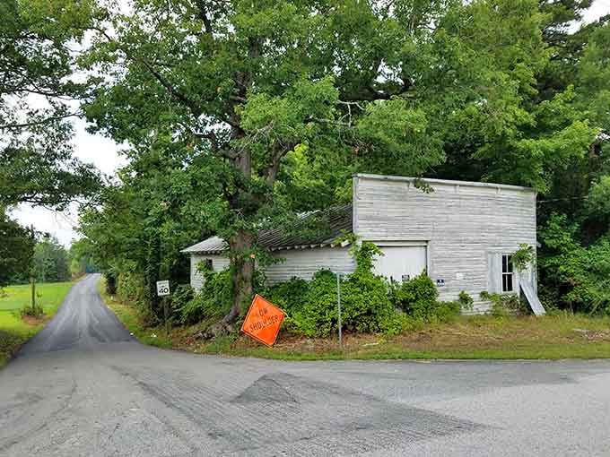 Vines embrace this white structure like nature's attempting to comfort a building that's seen better, busier days.