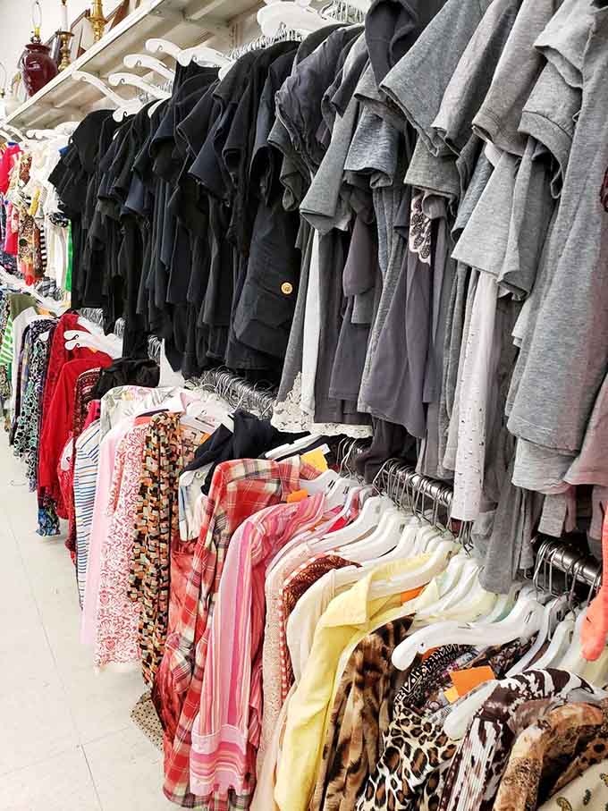 Rack after rack of colorful clothing sorted by category, making the hunt feel organized, manageable, and genuinely exciting every visit.