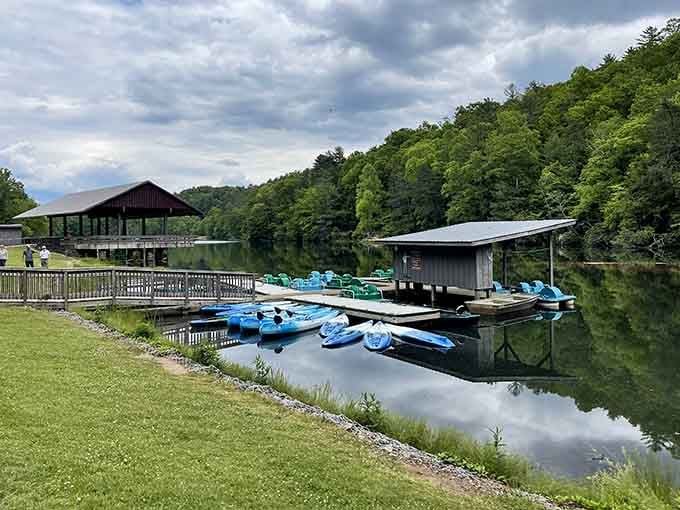 Kayaks lined up and ready to go, because Lake Trahlyta isn't going to paddle itself.