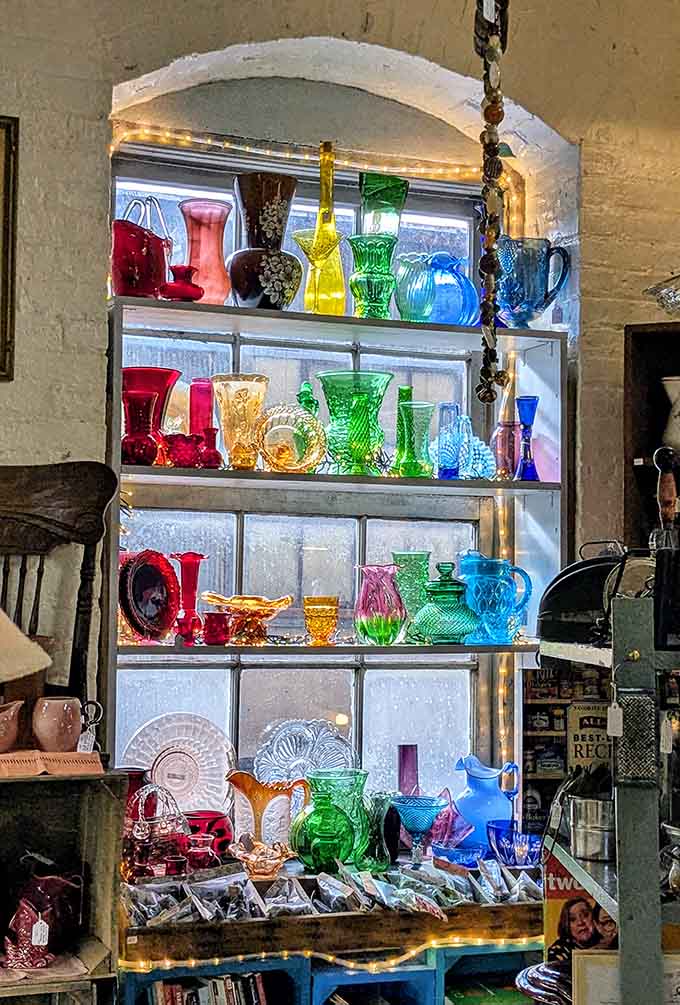 Colored glass catching the light like a stained-glass window built entirely for bargain hunters.