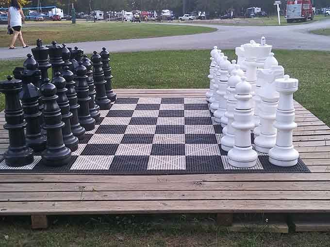 Giant outdoor chess in the fresh air. Bobby Fischer never had it this good, and he certainly never had this view.