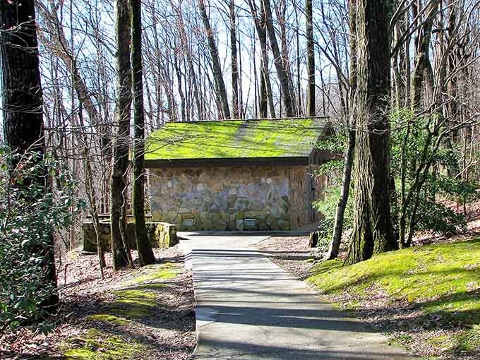 Even the stone restroom building here has character, quietly proving that good design belongs everywhere in nature.