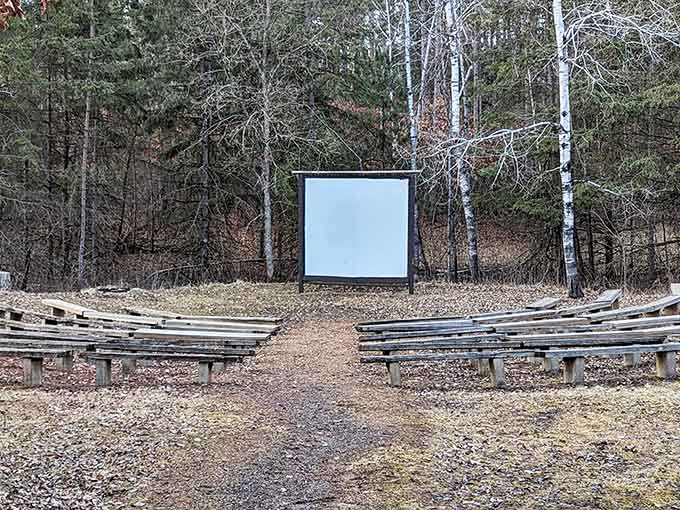 Wooden benches, birch trees, and a blank screen &mdash; this outdoor amphitheater is where nature sets the mood perfectly.