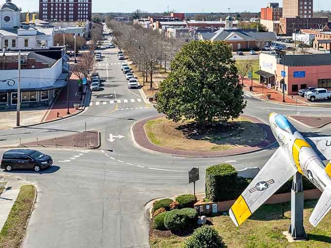 A vintage military jet guarding the downtown roundabout captures Goldsboro's proud relationship with Seymour Johnson Air Force Base.