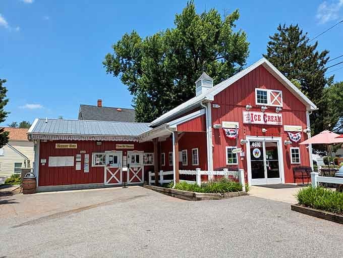 Little Red Barn Ice Cream Cafe's cheerful red siding and white fence on a sunny Jefferson afternoon is countryside perfection in one frame.