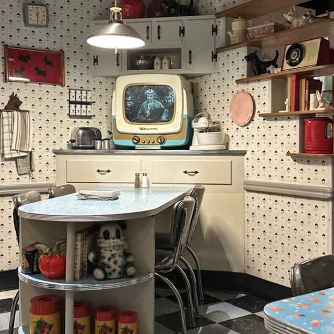 Every dining nook is its own little time capsule, complete with ceramic collectibles and a television that never stops playing.