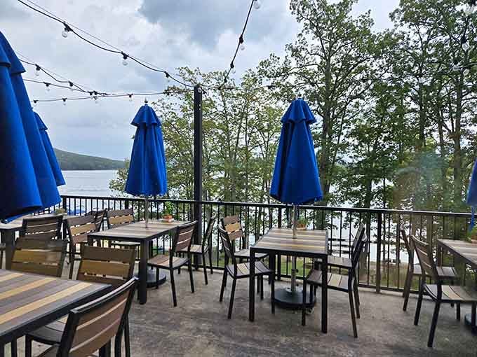 Outdoor seating with blue umbrellas and lake breezes means you've officially arrived at your happy place in the mountains.