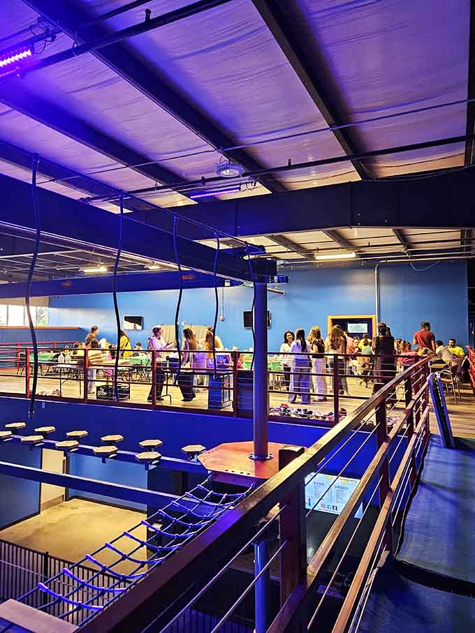 The second-floor vantage point lets parents survey the controlled pandemonium while contemplating their own childhood playground limitations.