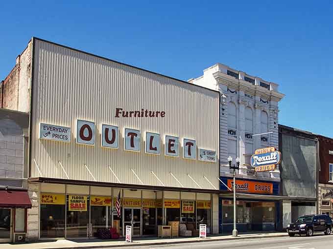 Retro signage and floor sample sales give this downtown block a wonderfully nostalgic, lived-in neighborhood character.