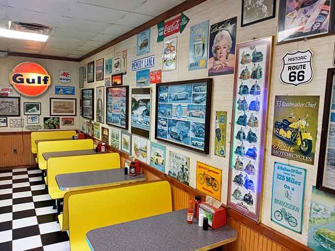 Gulf signs, Marilyn Monroe, Indian Motorcycles, and yellow booths &mdash; this wall is basically a greatest hits album.
