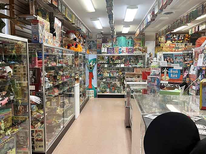 Glass cases packed floor to ceiling with collectibles, a treasure hunter's paradise hiding in plain sight.