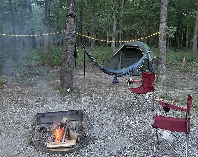 String lights, a crackling fire, a hammock, and a glass of something red &mdash; this campsite has its priorities perfectly sorted.