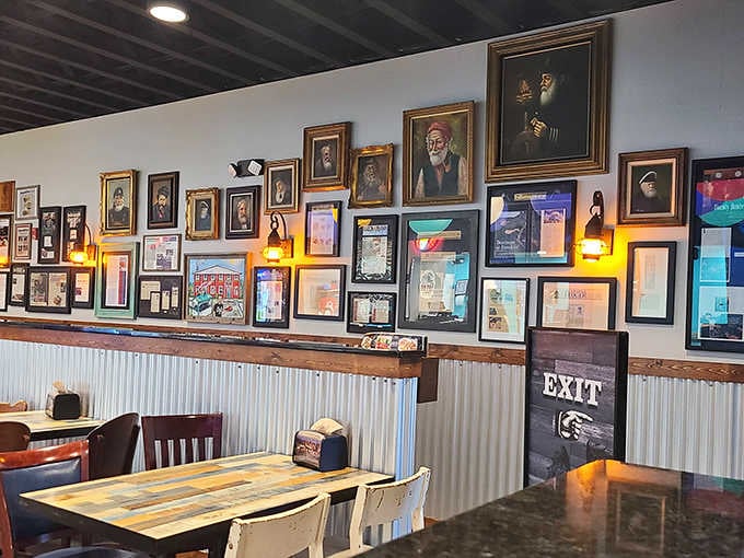 Eclectic wall art and comfortable seating create a space where everyone feels welcome to linger and enjoy.