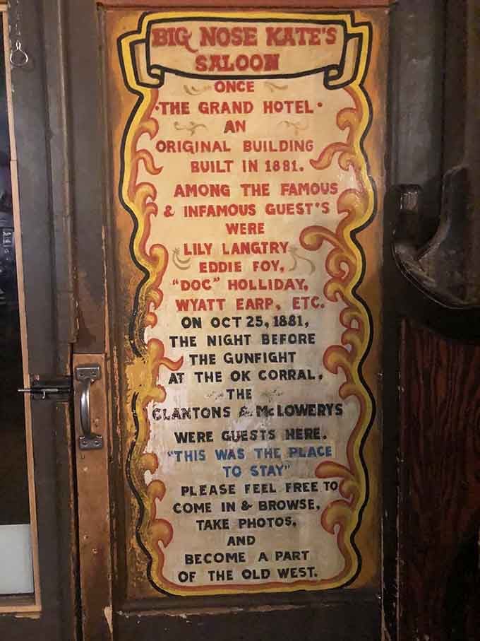 This painted door tells you Wyatt Earp and Doc Holliday slept here. Your burger suddenly tastes more historically significant.