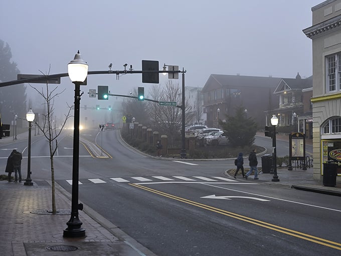 Foggy mornings at the College Avenue crossing give Blacksburg a cinematic quality nobody planned but everyone appreciates.